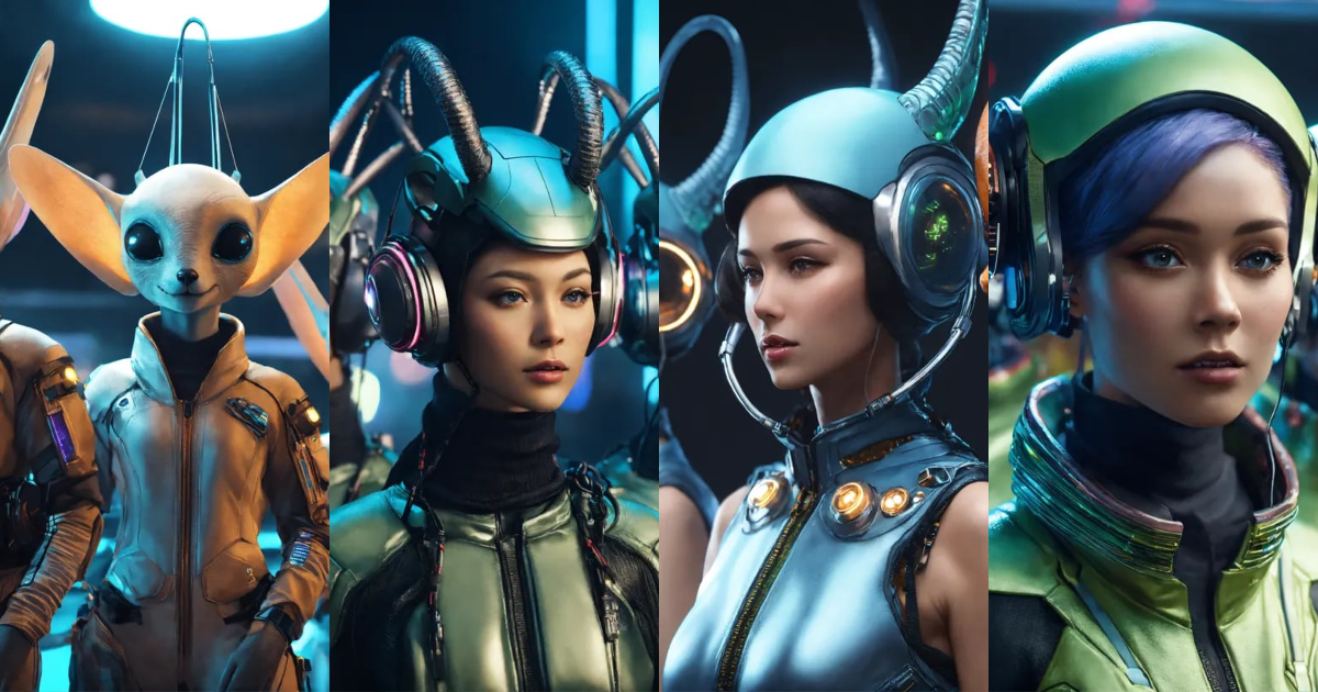 Lexica - Zoom out of 4 lovable creatures wearing detailed alien ear ...