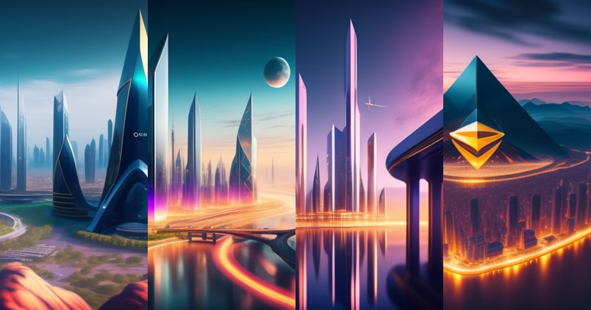 Lexica - Ethereum logo in a virtual futuristic city with buildings and ...