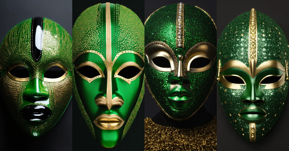 Lexica - Hyper realistic green opaque sparkling African mask with black ...