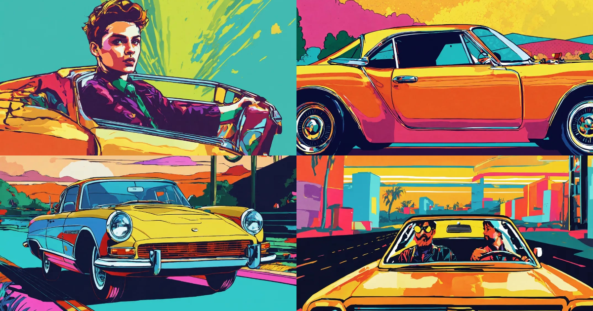 Lexica - Person driving a car, pop art style, car driving towards camera