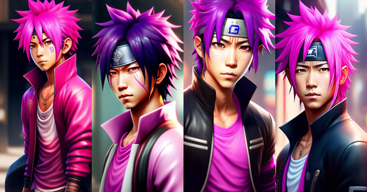 Lexica - Sasuke Uchiha, pink hair, realistic, slum background