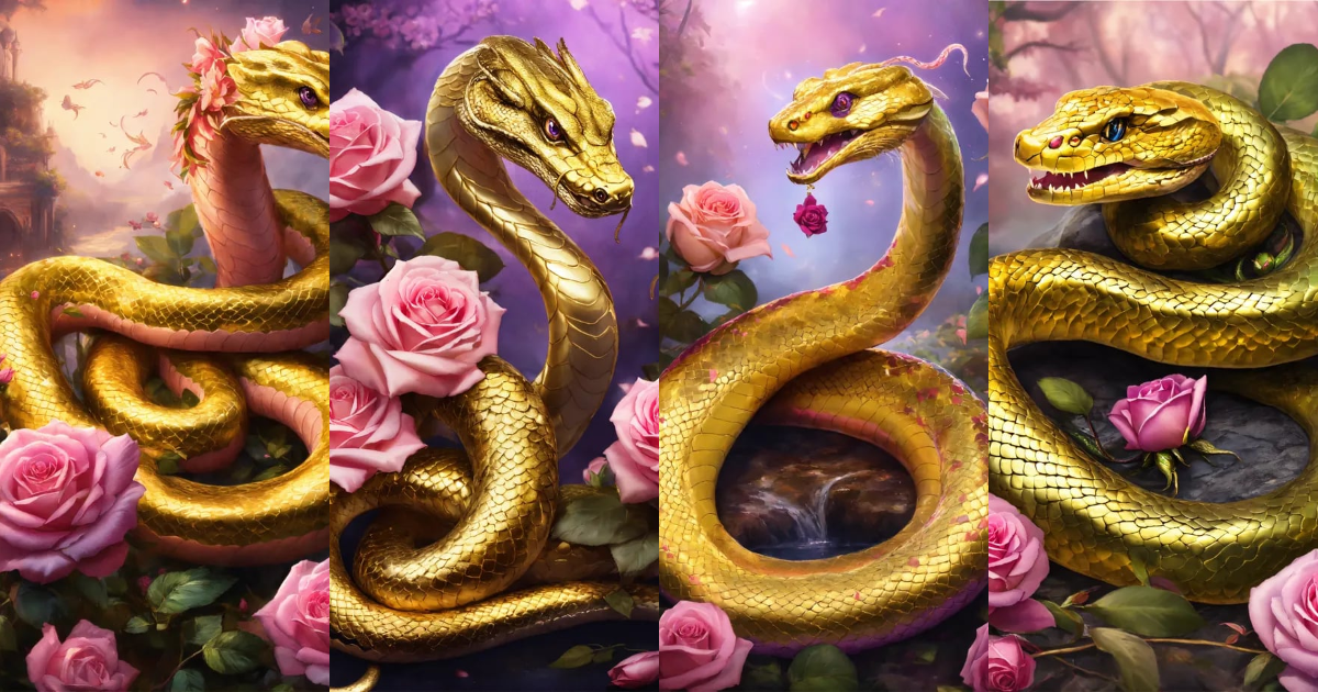 Lexica - Fairy tale large magic gold and purple snake pink roses ...