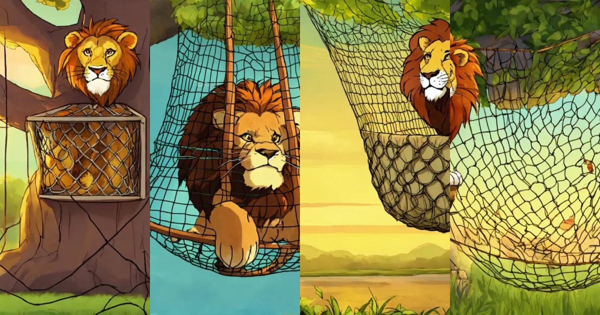 Lexica - Cartoon a net hung to tree upside down and big lion trapped in ...