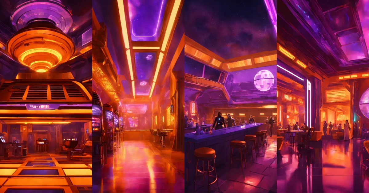 Lexica - Digital art of a Star Wars night club with purple and orange ...