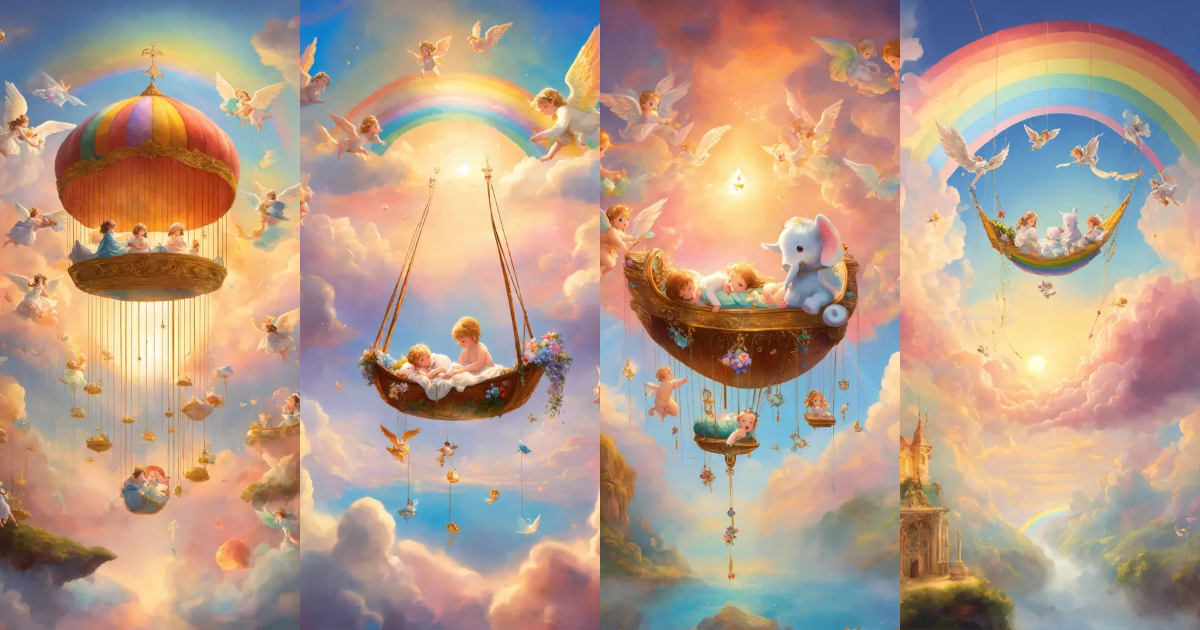 Lexica - Floating crib on a cloud, rainbow bridges with playful cherubs ...
