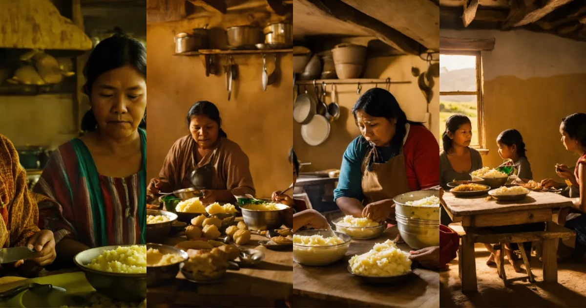 Lexica - In a rural kitchen, a low-income Indigenous family sits at the ...