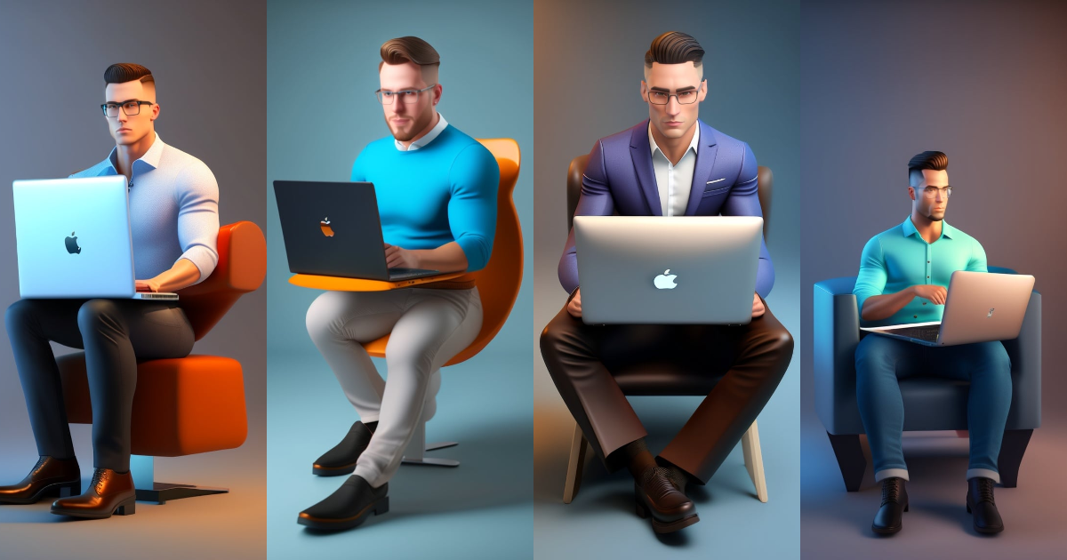 Lexica - Front Picture Pose of a man sitting in a chair with a laptop ...