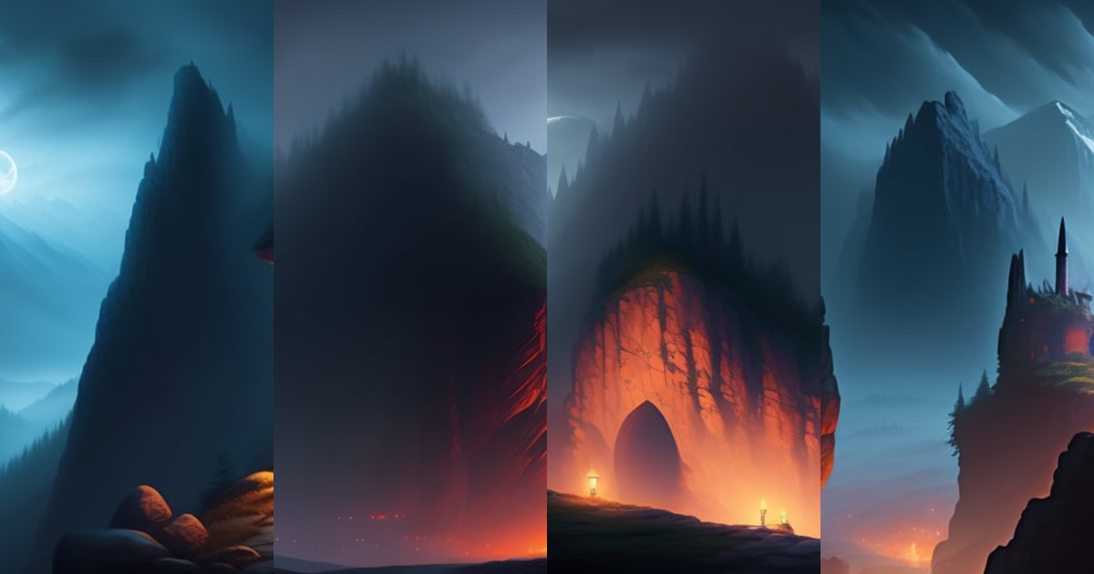Lexica - Dark and foreboding, a hidden cave entranceat night, fortified ...