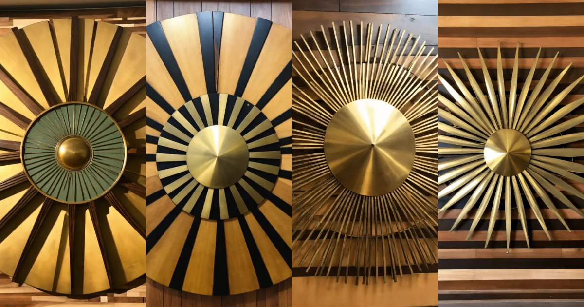 Lexica - Midcentury brass radial sun figure on top of walnut stripes ...