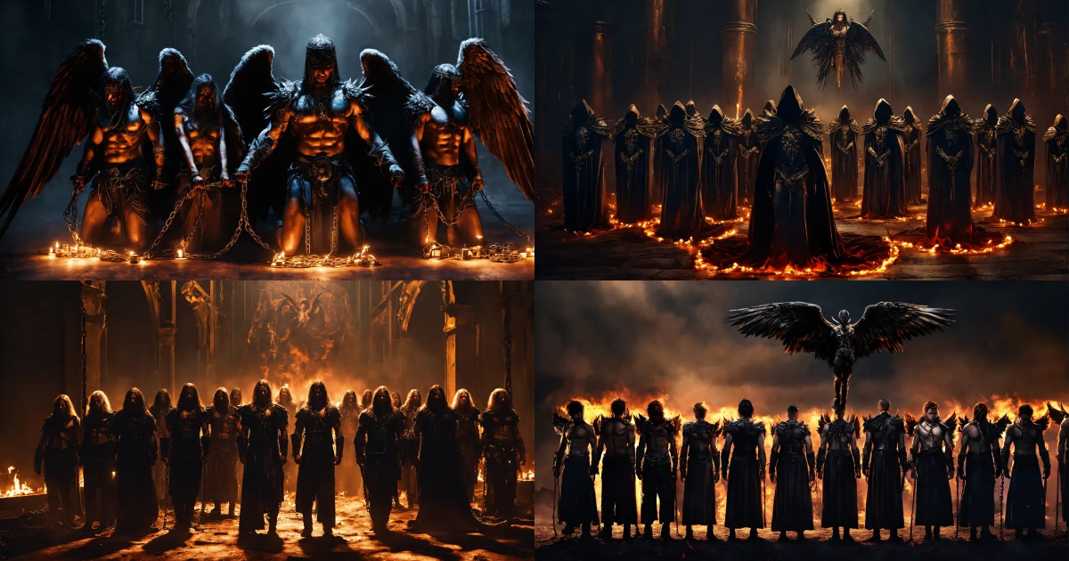 Lexica - 7 fallen angels on their knees, side by side, with their hands ...