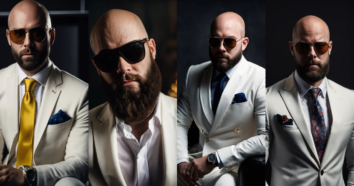 Lexica - Image of bald Andrew tate, little beard ,in a white suit, with ...