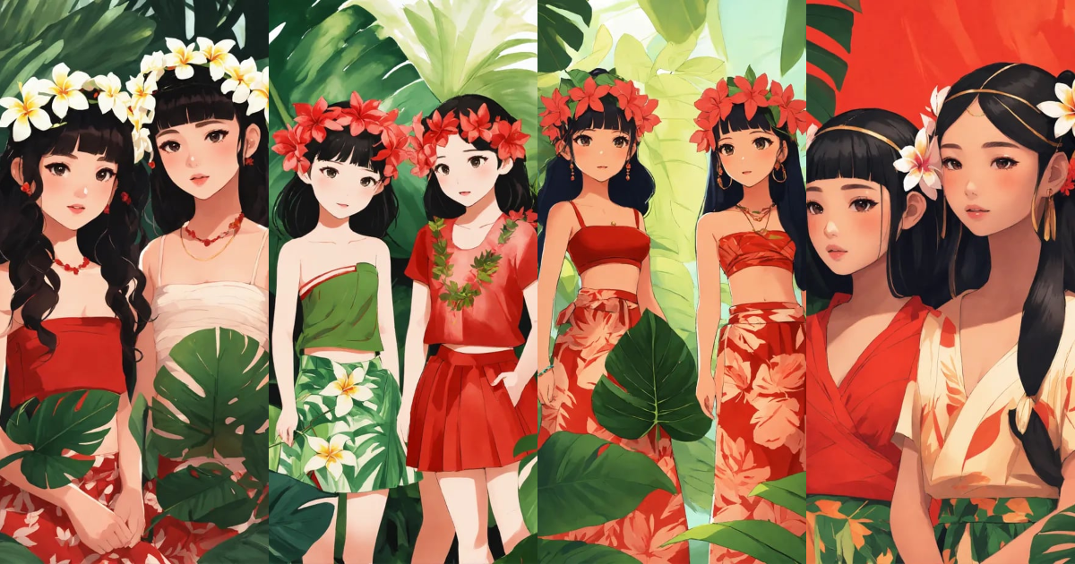 Lexica - Illustration of three girls. little girls wearing a plumeria ...