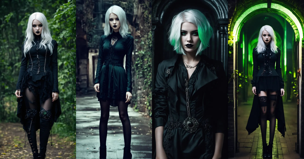Lexica - Beautiful young girl, goth and dark fashion, white hair, green ...