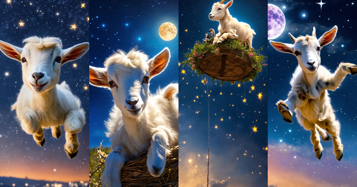 Lexica - Very sweet very cute baby goats are flying gracefully through ...