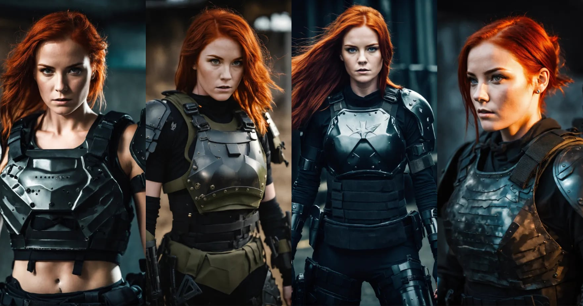 Lexica - Female athletic red hair model wearing black metal military ...