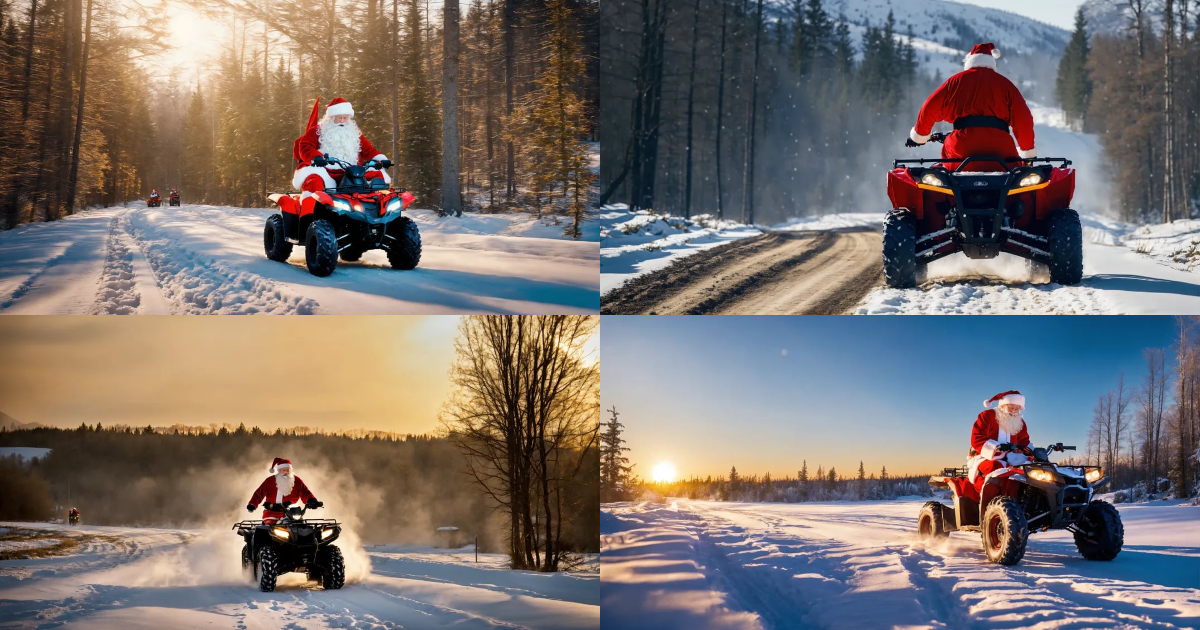 Lexica - Santa Claus with big sack bag rides along a snowy road on an ...