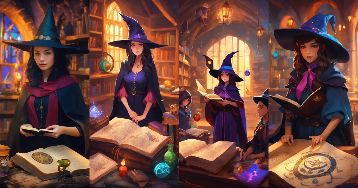 Lexica - Vividly colorful witch school, witch with black hat and cape ...