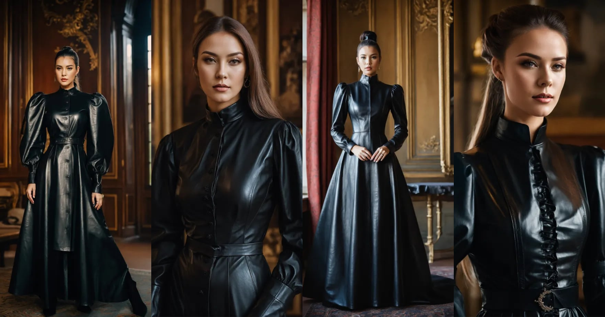 Lexica - Stunning governess woman wearing a black leather long shirt ...