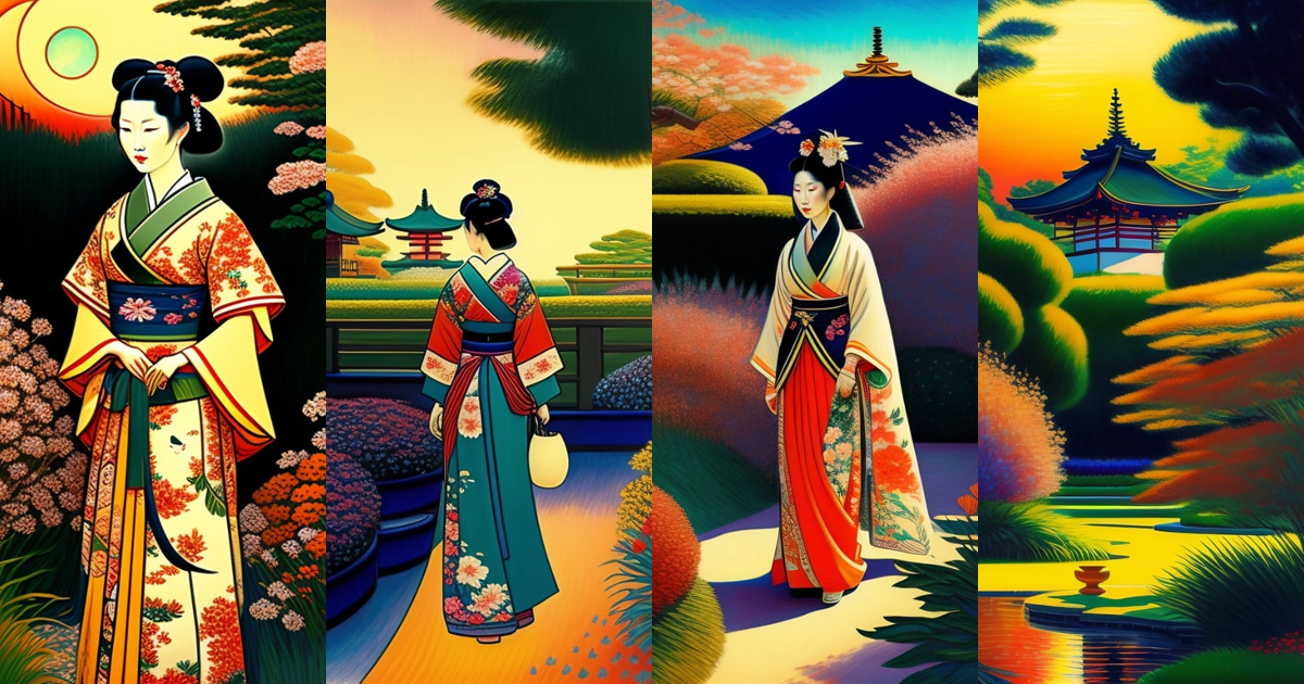 Lexica - Drawing of a geisha walking at sunset through a Japanese ...