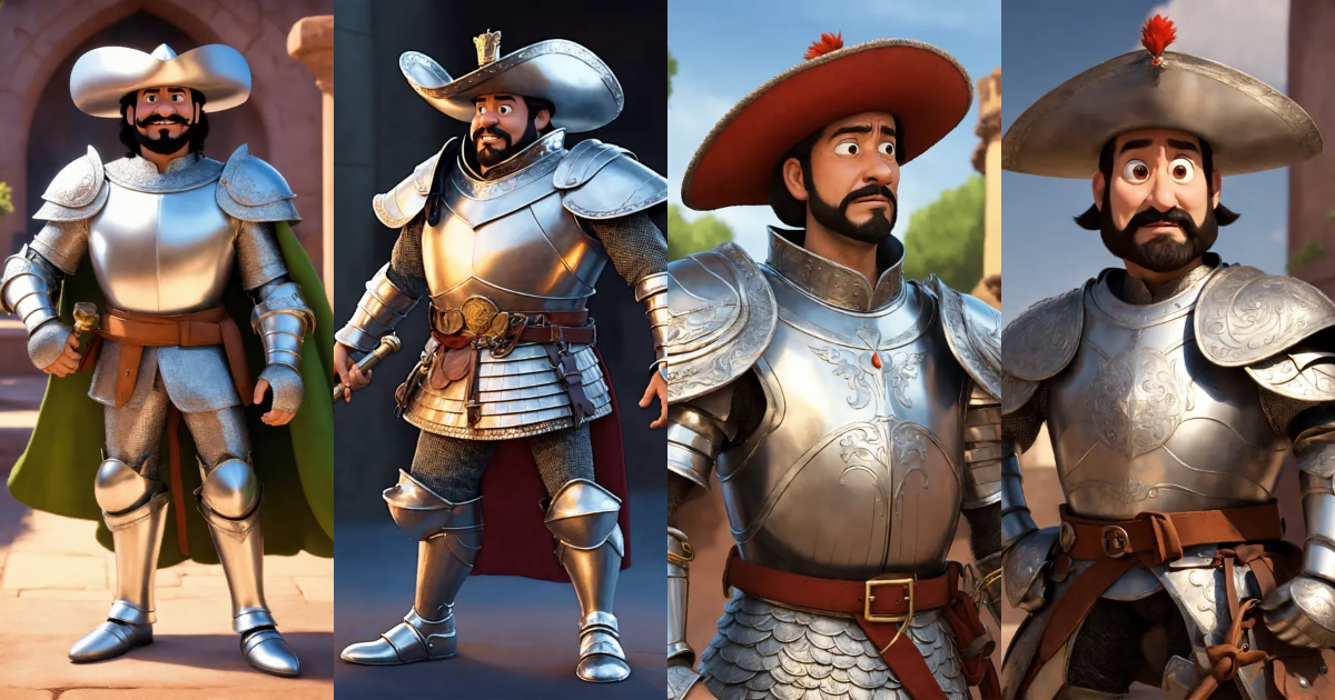 Lexica - Pixar animation of a funny hernan Cortes in silver armor ...
