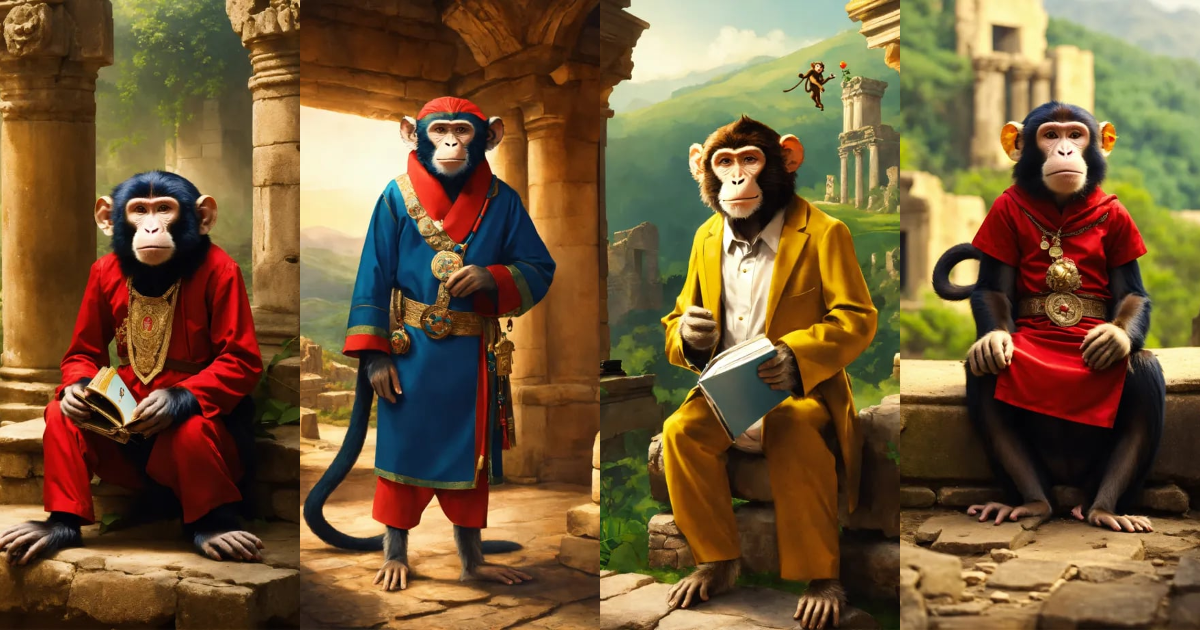 Lexica - Simon the mischievous Monkey in human clothes giving advice at ...