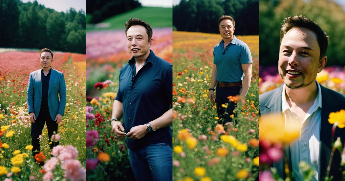 Lexica - Happy Elon Musk standing in a beautiful field of flowers ...