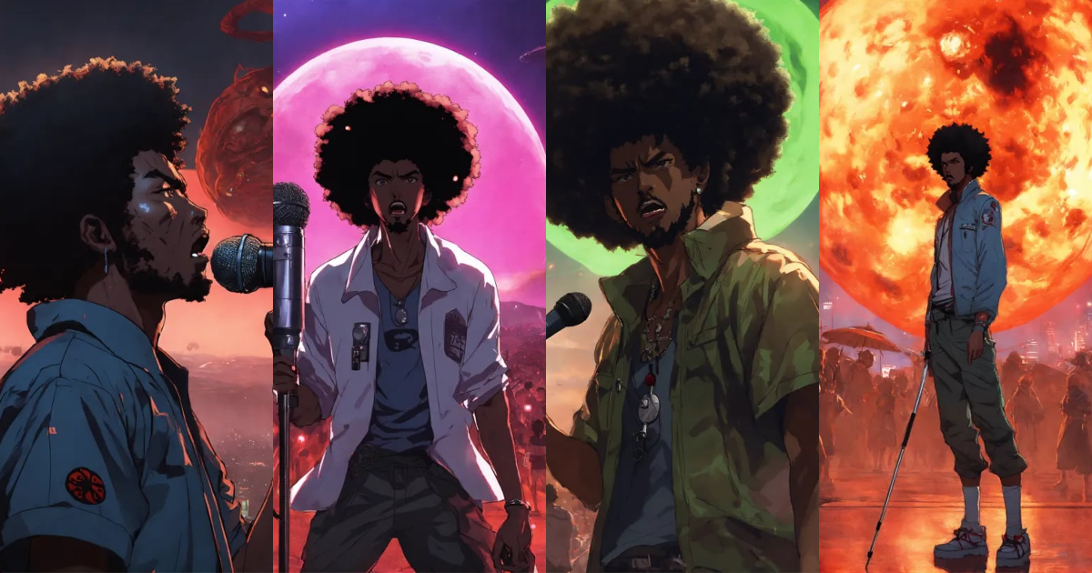 Lexica - Afro samurai anime, man rapping angrily on microphone with ...