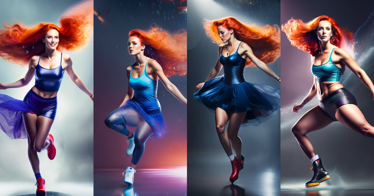 Lexica - Beautiful woman, red hair, dancing in rain, roller skates on ...