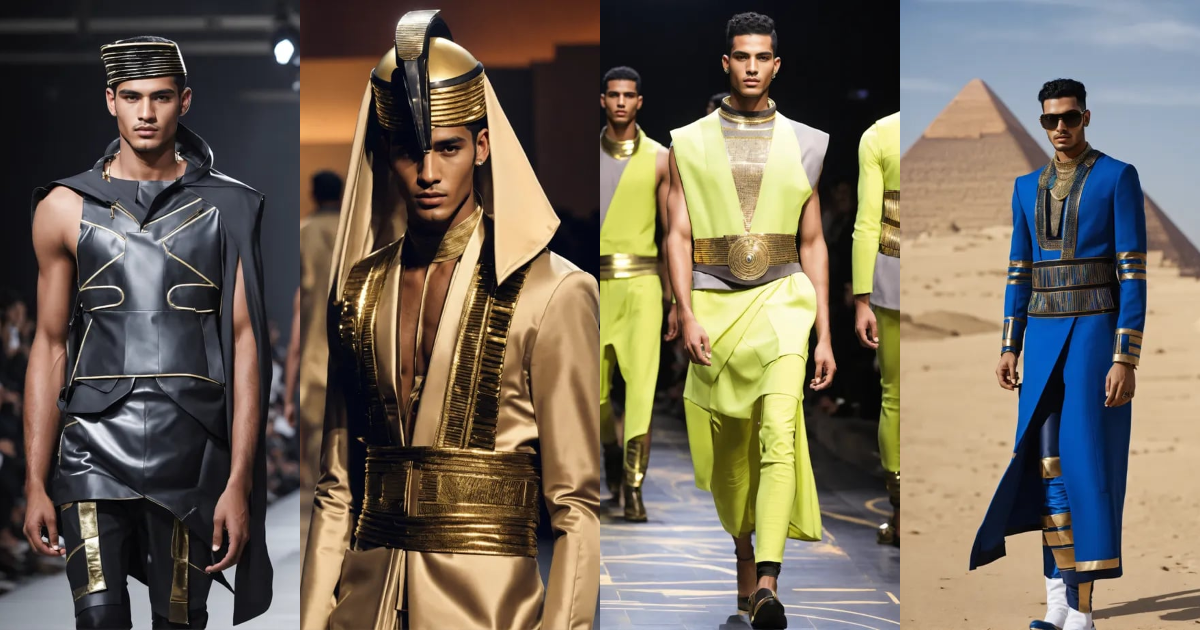 Lexica - Futuristic, modern Egyptian fashion on runway, men model