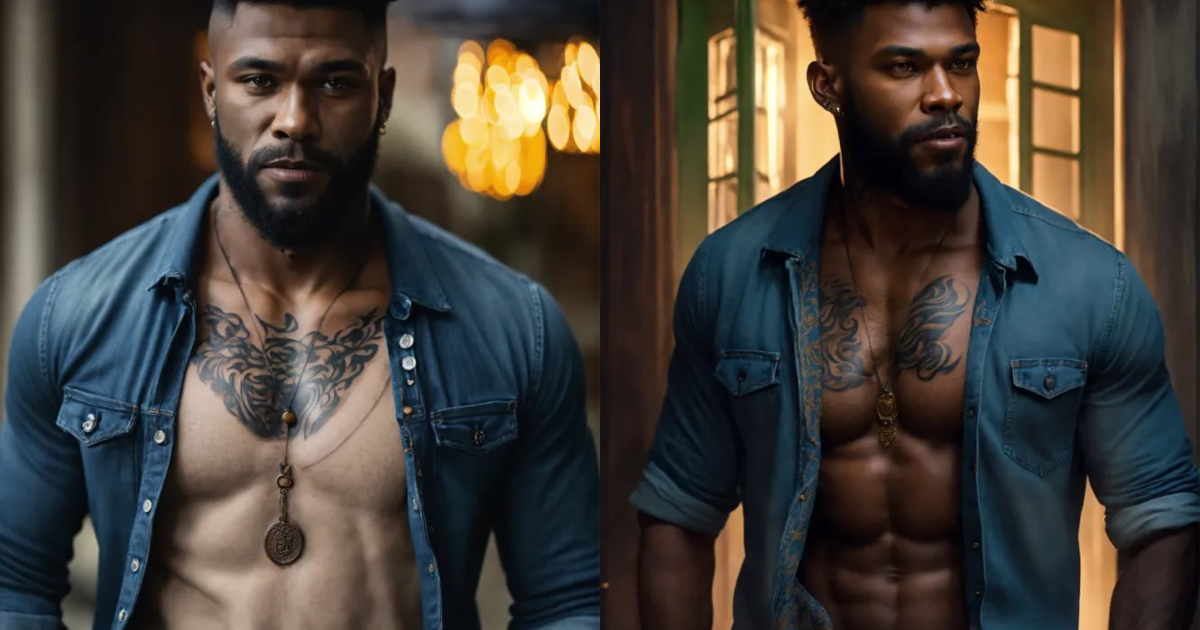 Lexica - Very Handsome black male werewolf, light eyes, beard, wearing ...