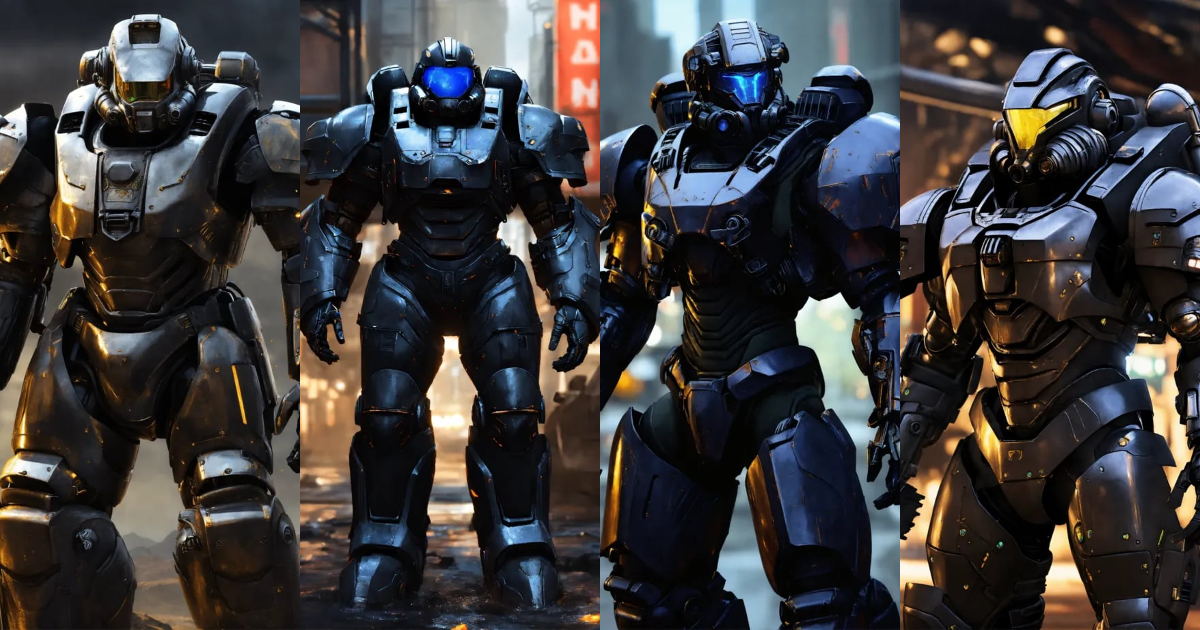Lexica - Obsidian lean power armor, realistic.