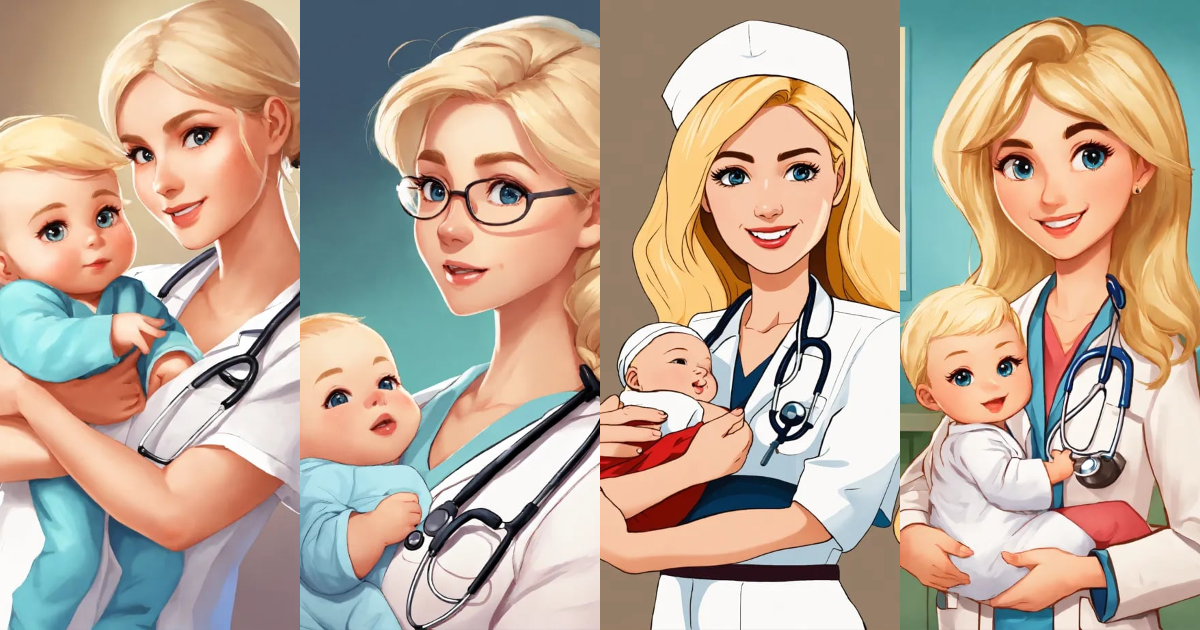 Lexica - A cartoon blond-hair cute woman doctor holding a baby
