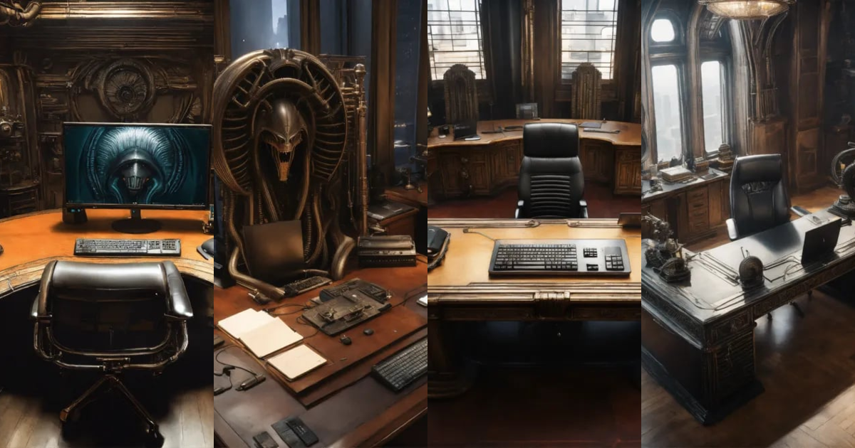 Lexica - H.R Giger style, TOP-VIEW, office desk, 8k