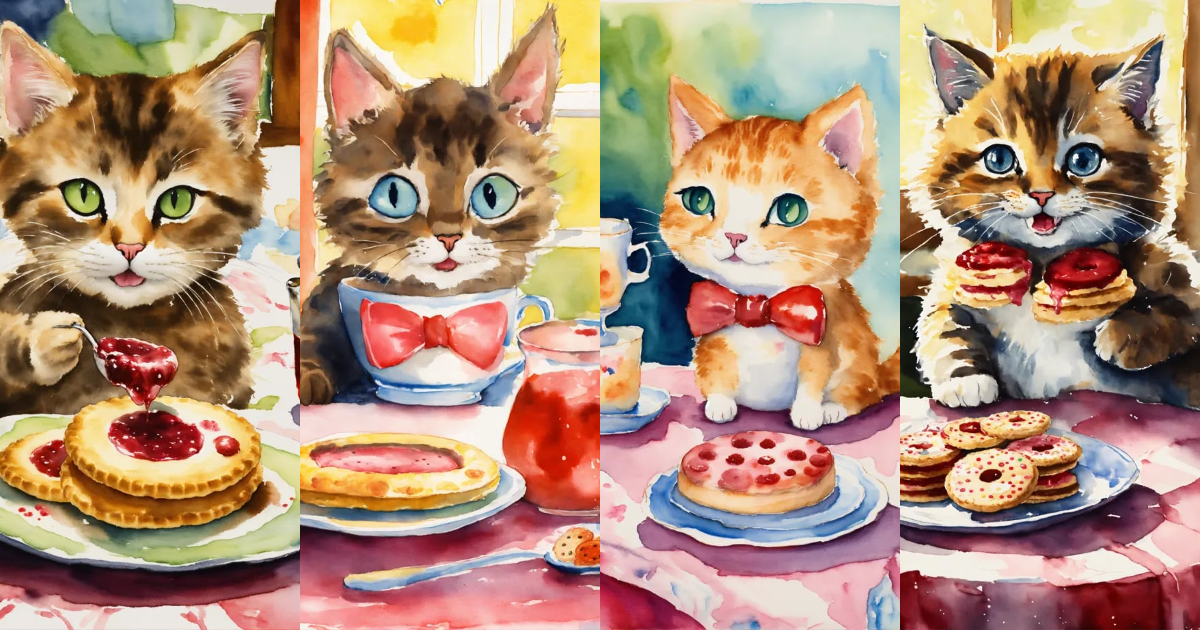 Lexica - Happy cat eating jammy dodger at a tea party , water-colour
