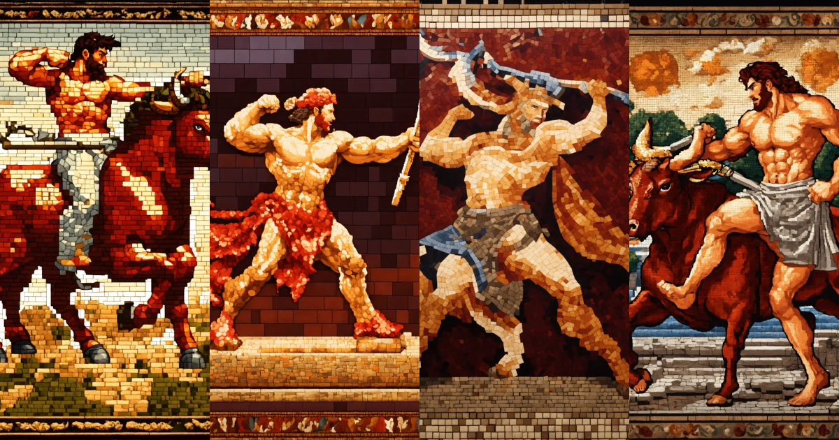 Lexica - Stone mosaic, Hercules fighting with a bull, red bulls of ...