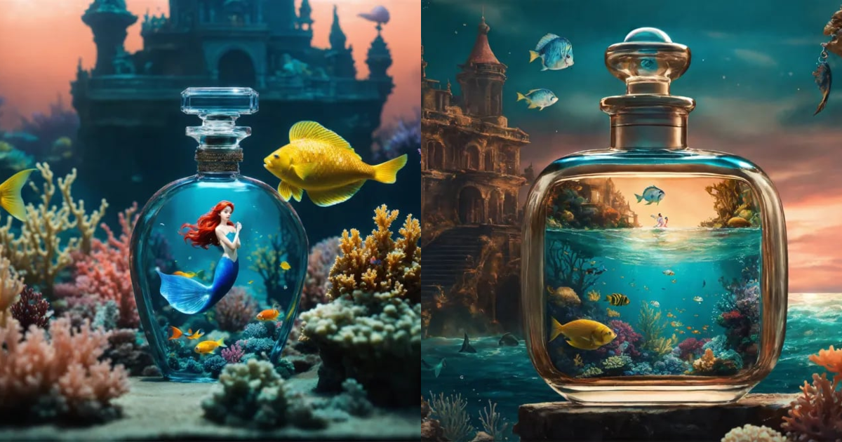 Lexica - Close-up view of perfume bottle, dark, sad,underwater world ...