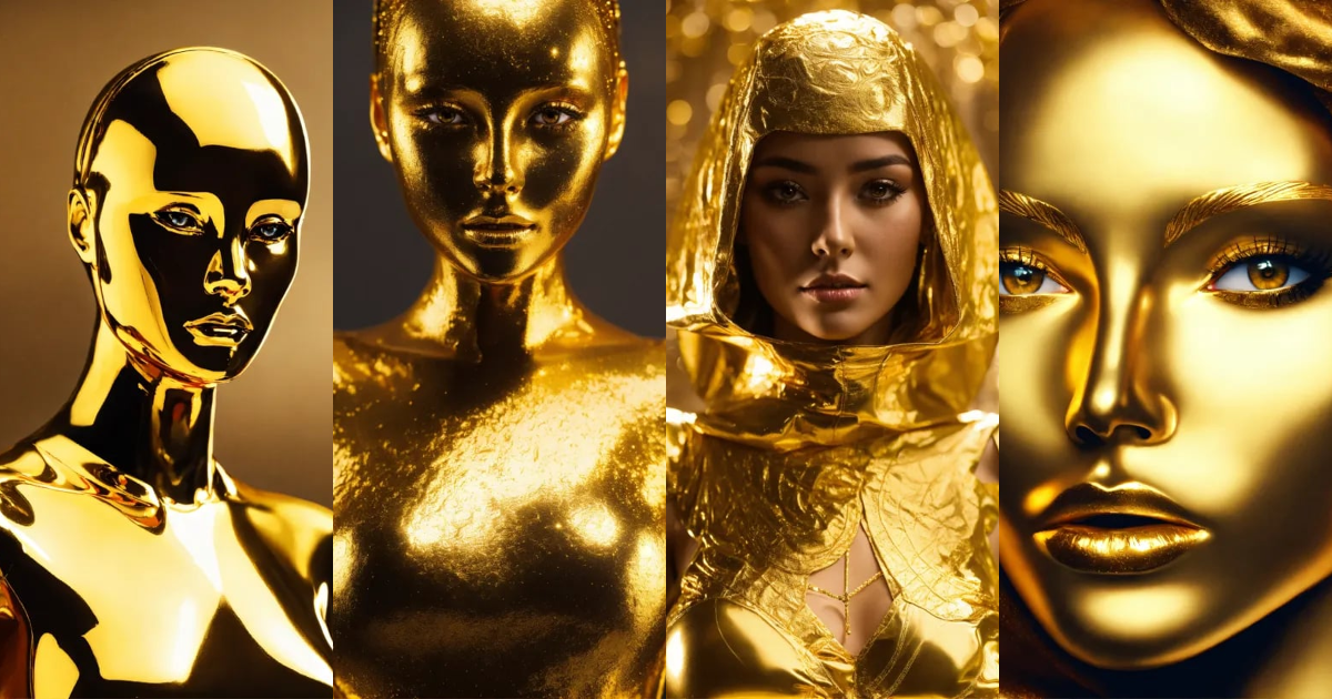 Lexica - Smooth Gold Full Body Woman, Gold Face, Gold Eyes,
