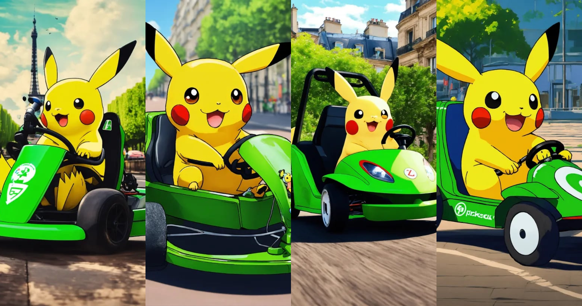 Lexica - Draw me a pickachu riding a green go kart in paris