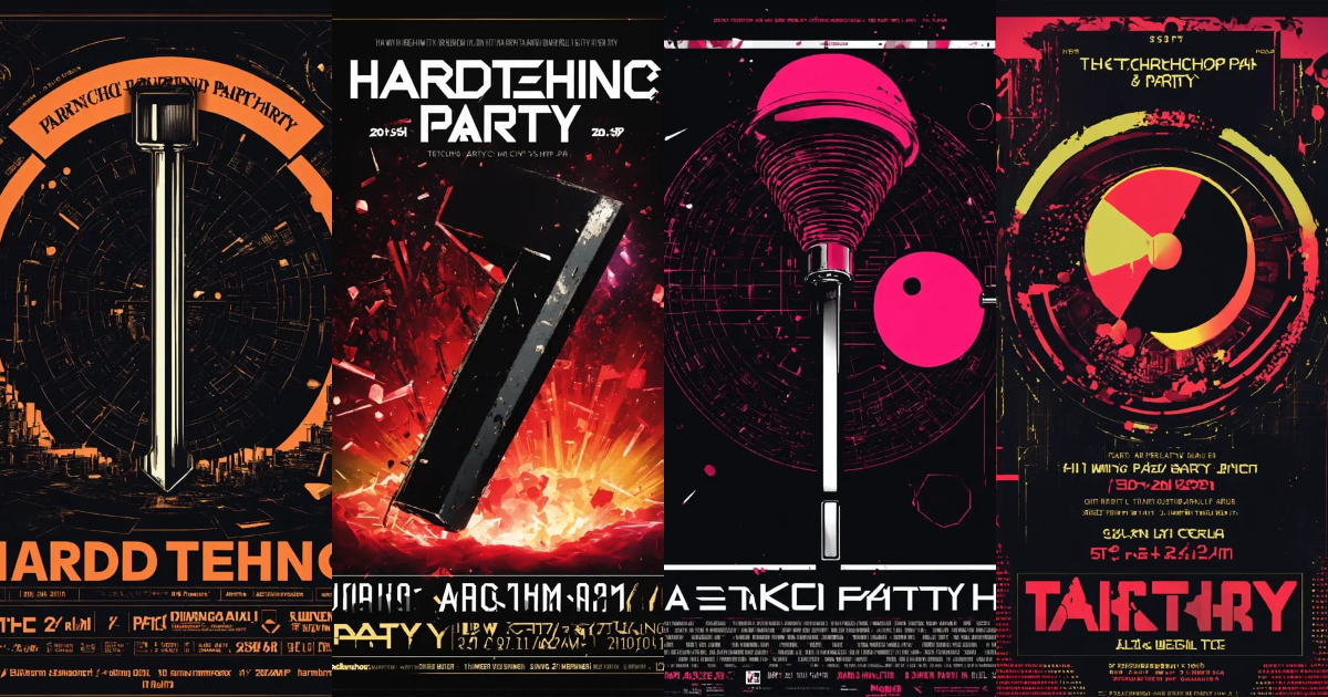 Lexica - Hardtechno party poster with sinking hammer and deep black ...
