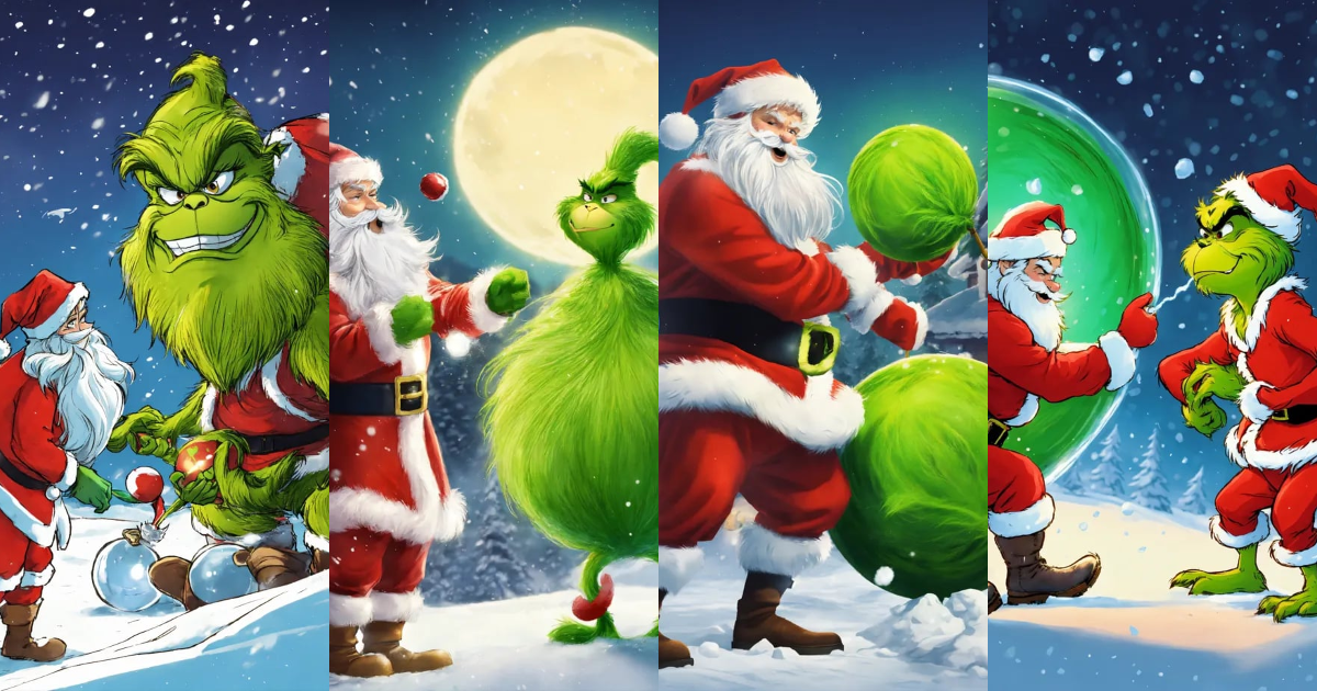 Lexica - Santa claus and the grinch making a snowball war digital ...
