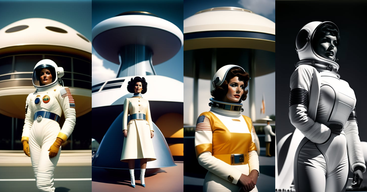Lexica - 1963, woman in space suit at world's fair, Googie architecture,