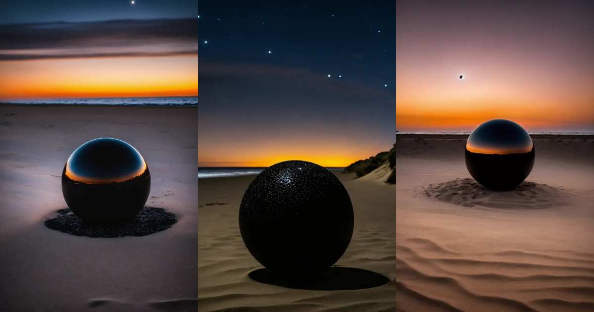 Lexica - A perfectly round black orb on the sand at night with no light ...