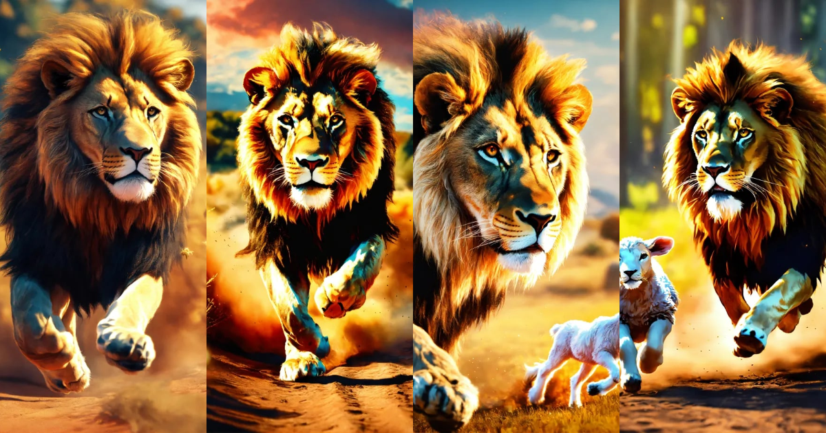 Lexica - 4D photographic image of A lion chases a lamb realistic, vivid ...