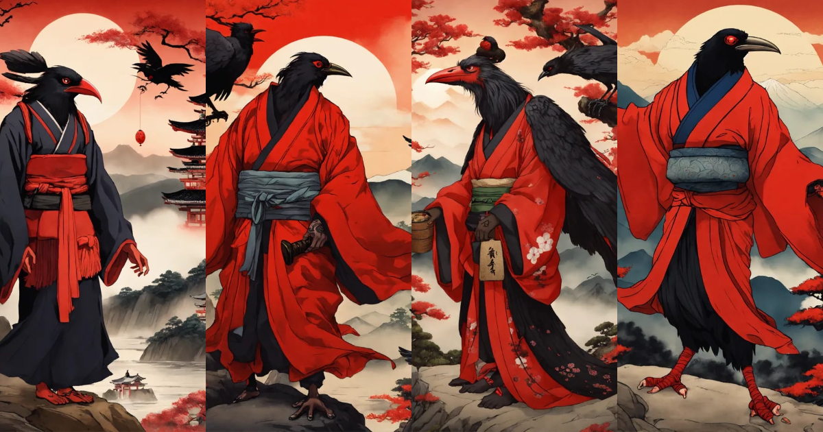 Lexica - Tengu Yokai a long red nose and black raven wings coming out ...