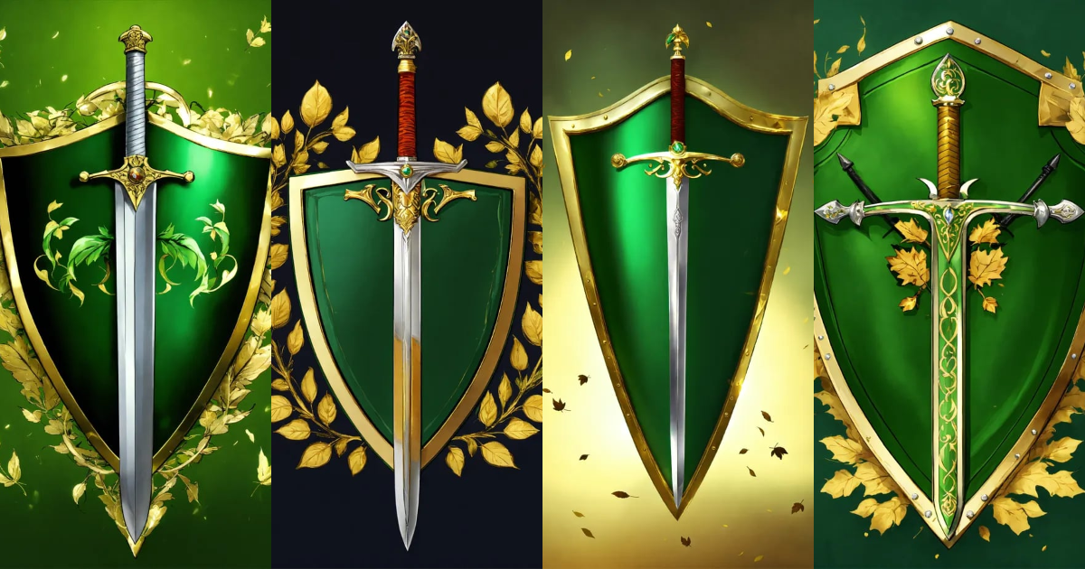 Lexica - A simple green shield with heraldry of gold leaves and a sword ...