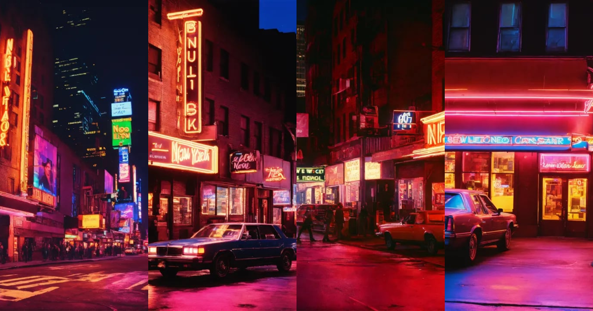 Lexica - New York, 80's, neon light, night setting,