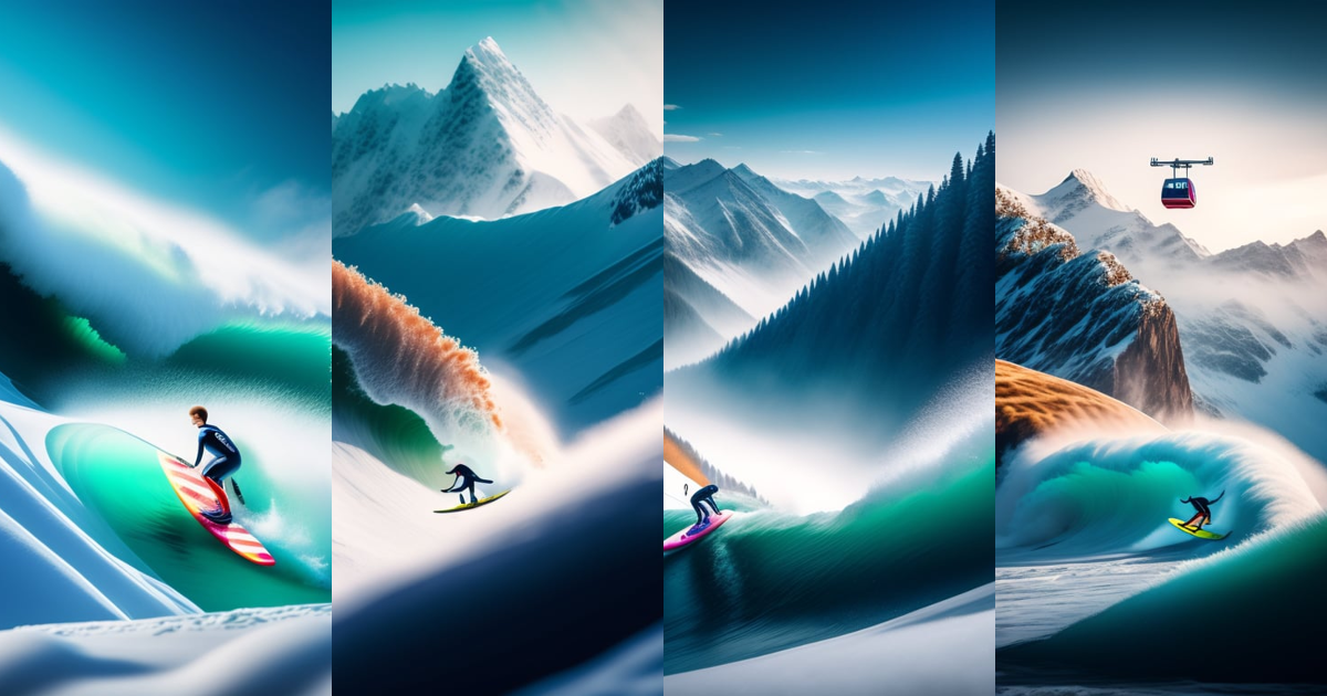 Lexica - A boy surfing with a surfboard down a snowy mountain, passing ...