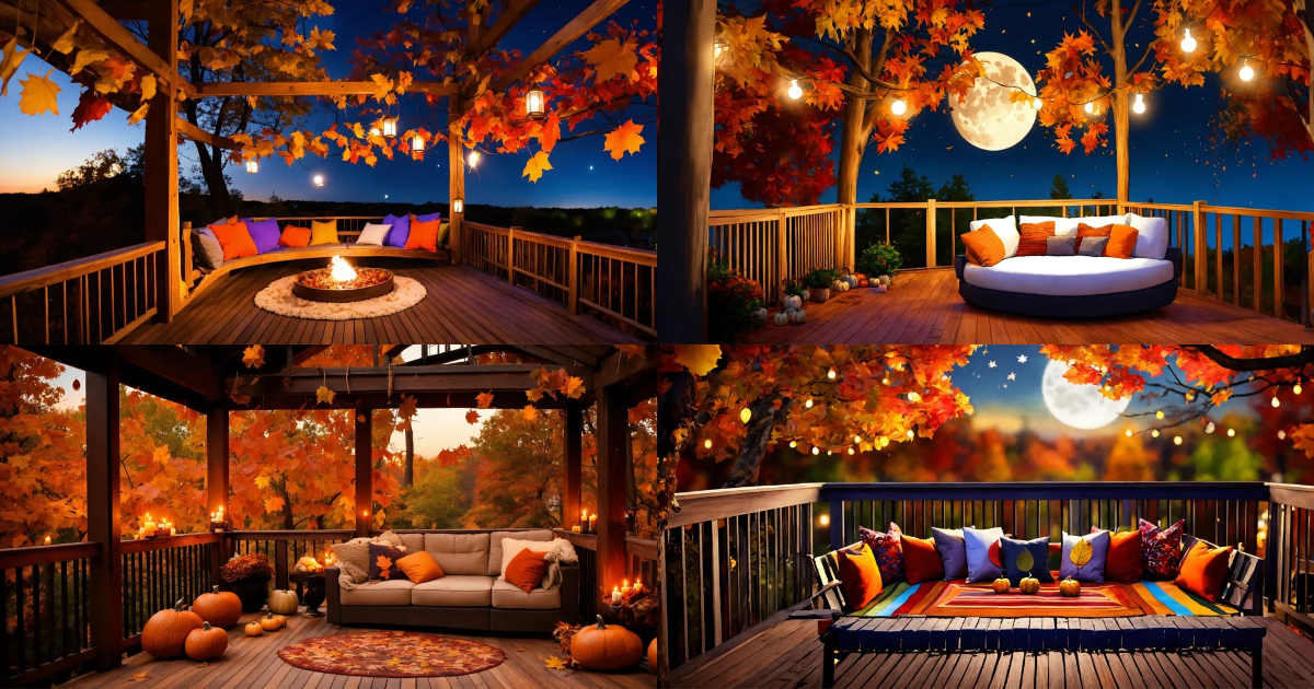 Lexica - Fall theme patio, big comfy couch, big fluffy rug, fall leaves ...