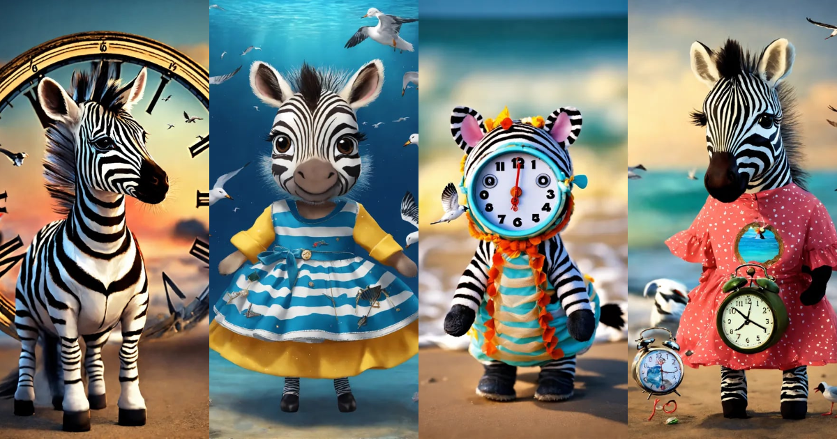 Lexica - Cute baby zebra in a dress, looking at the clock, what time is ...
