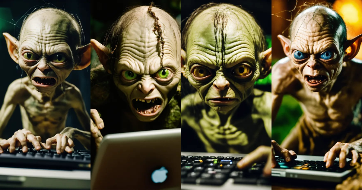 Lexica - A argentic photograph of Gollum doing Web development and ...